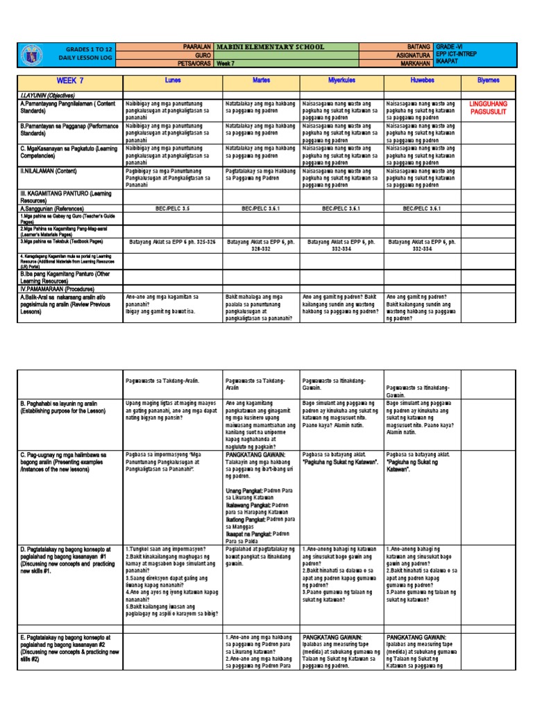 Week 7: Mabini Elementary School Grades 1 To 12 Daily Lesson Log | PDF