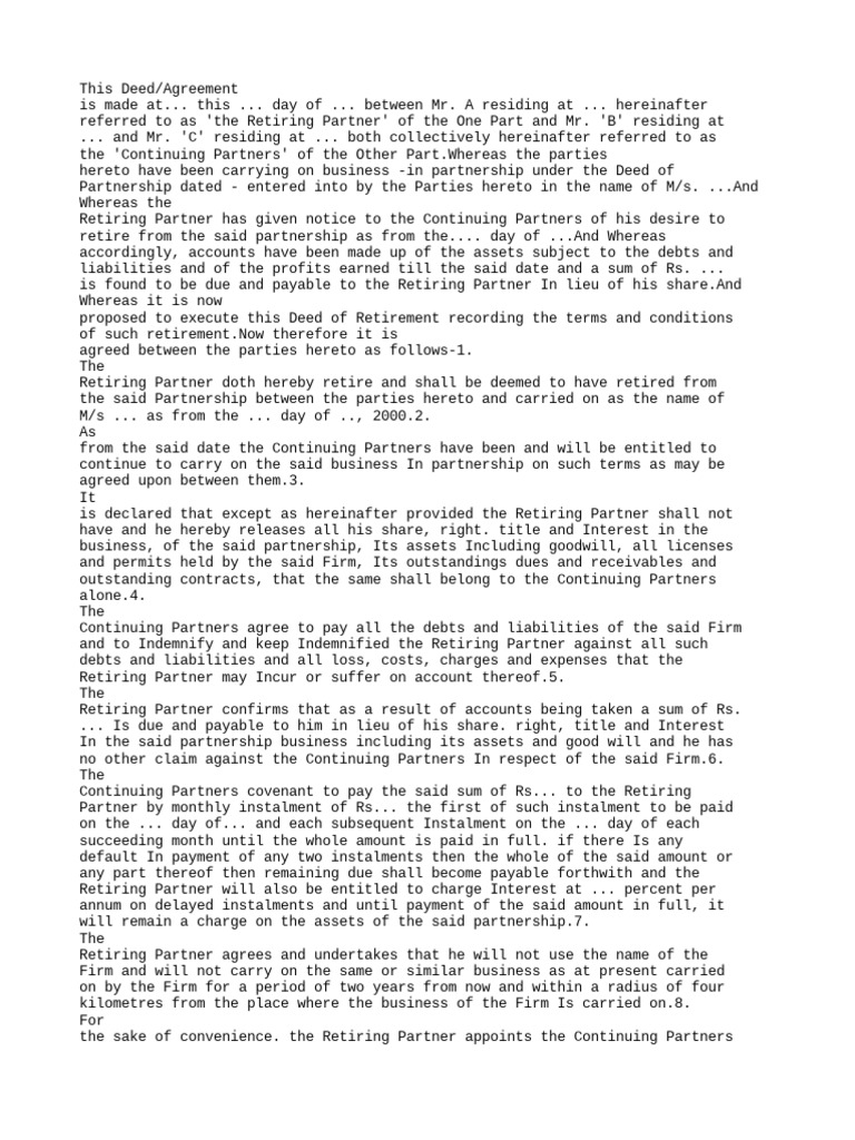 Deed of Retirement | PDF | Partnership | Indemnity