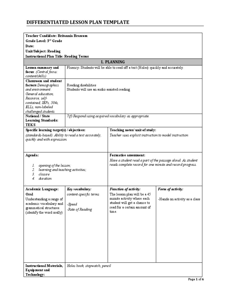 Differentiated Lesson Plan Template Reading Skills | PDF | Lesson Plan ...