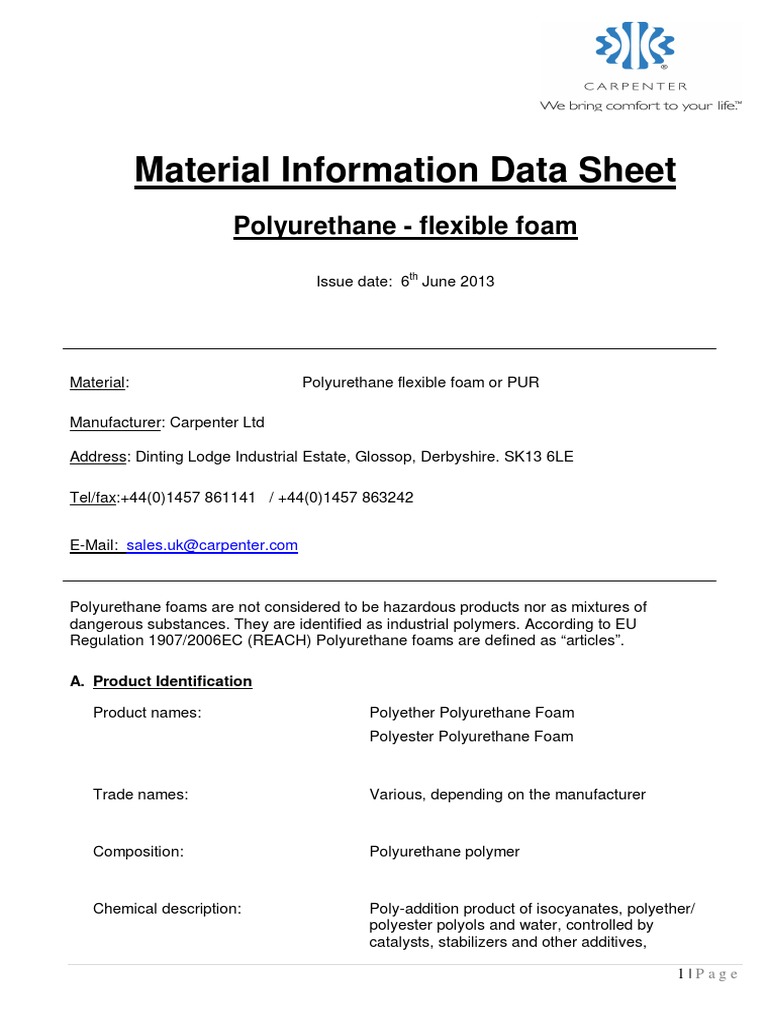 Material Information Data Sheet: Polyurethane - Flexible Foam | PDF ...