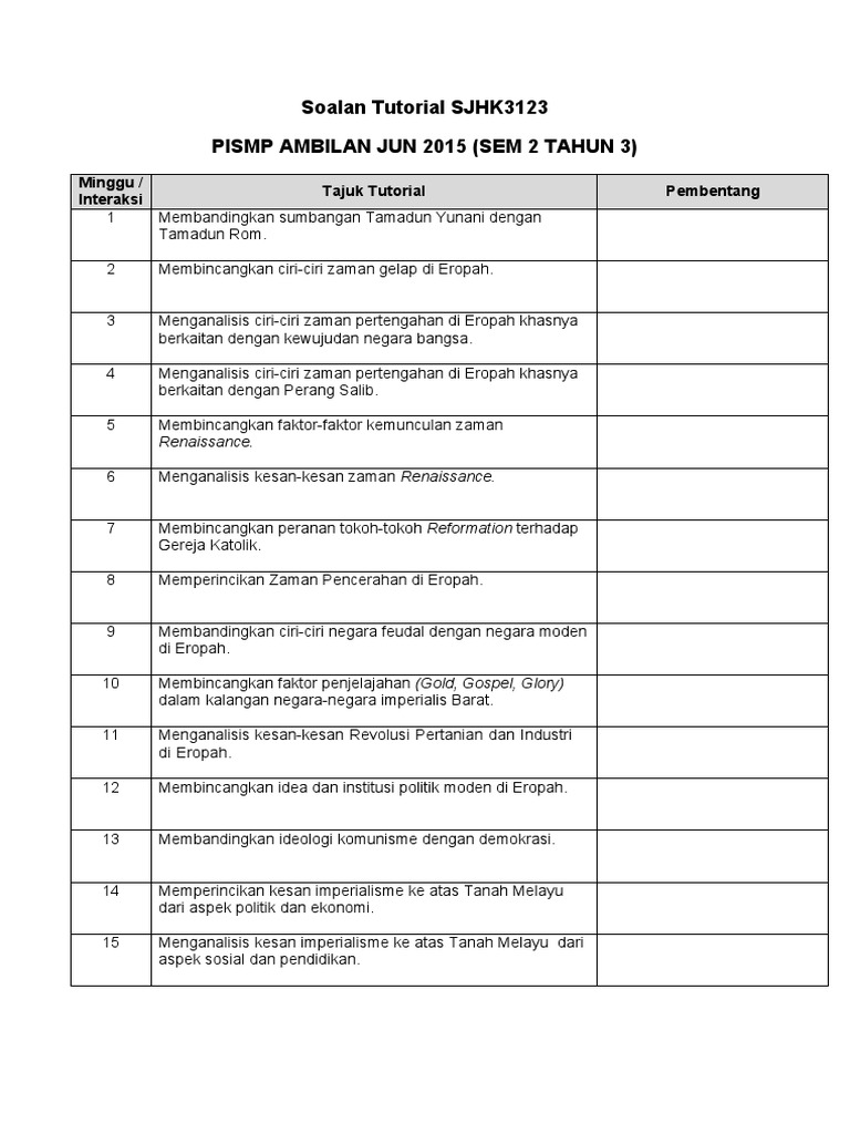 Soalan Tutorial SJHK3123 - Semester 1 | PDF