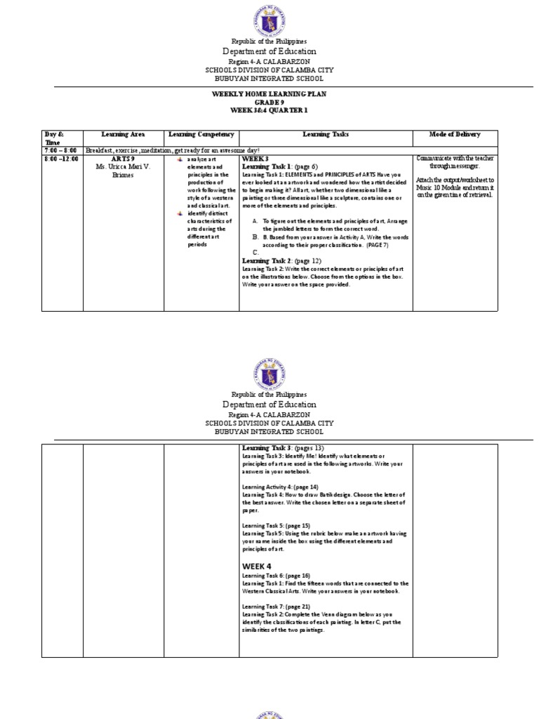 WHLP - G9 Arts Q1 Week 3&4 | PDF | Cognition