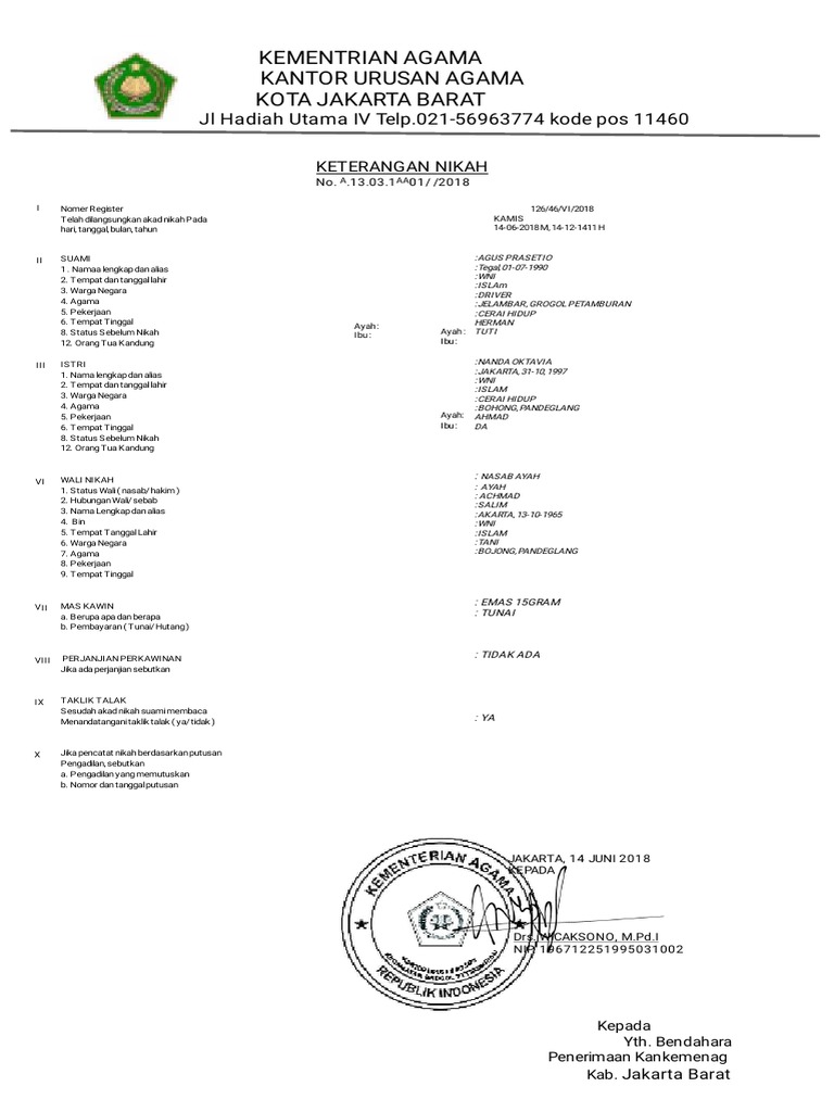 Keterangan Akta Nikah dan Wali | PDF