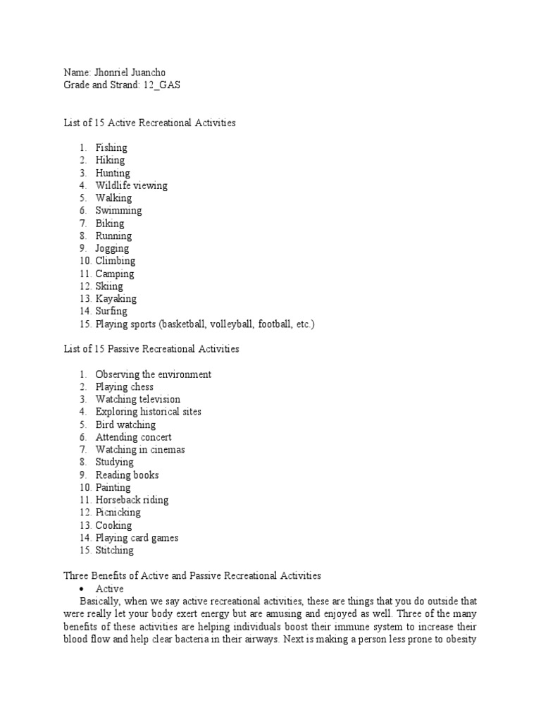 Active and Passive Recreation Examples | PDF