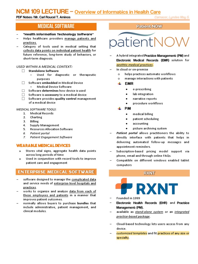 110 LEC Overview of Informatics in Health Care Printable Notes ...