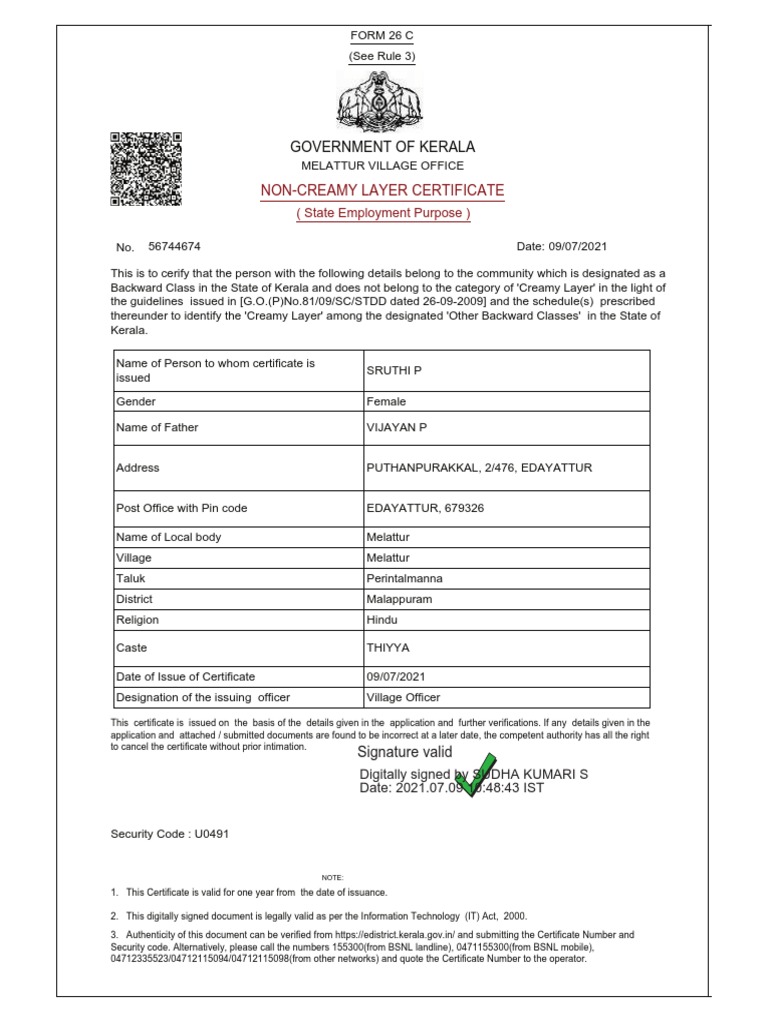 Non-Creamy Layer Certificate: Government of Kerala | PDF | Access Control | Authentication