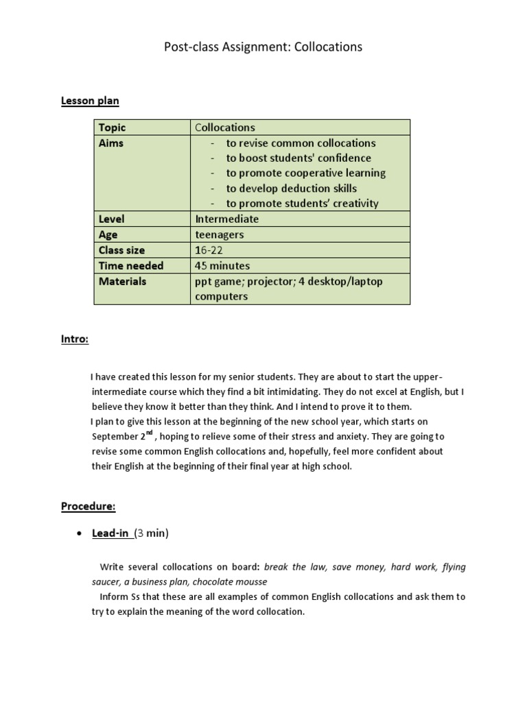 Engaging Collocations Lesson Plan | PDF | Neuropsychological Assessment ...