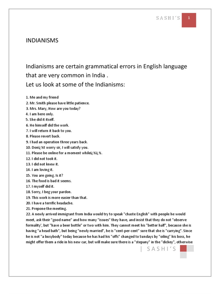 Common Indianisms in English Usage | PDF