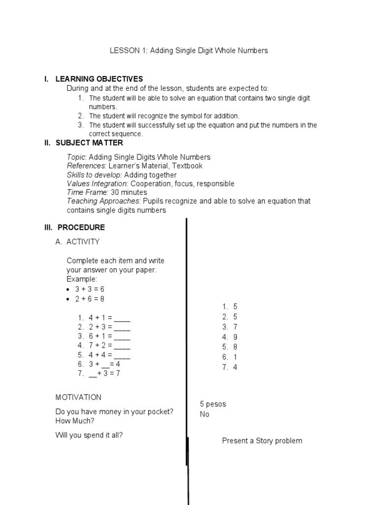 Adding Single Digit Whole Number | PDF | Learning | Lesson Plan