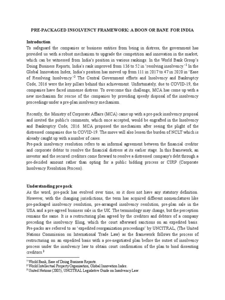 PRE-PACKAGED INSOLVENCY FRAMEWORK - A BOON OR BANE FOR INDIA | PDF ...