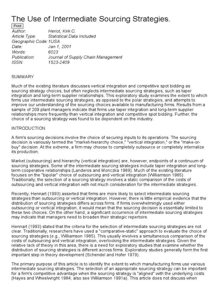 2001the Use of Intermediate Sourcing Strategies | PDF | Logistic ...