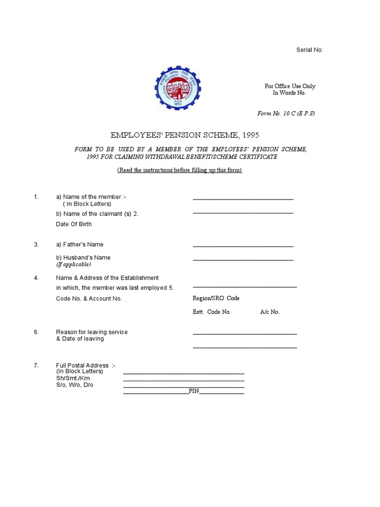 Employees' Pension Scheme, 1995: Form No. 10 C (E.P.S) | PDF | Cheque ...