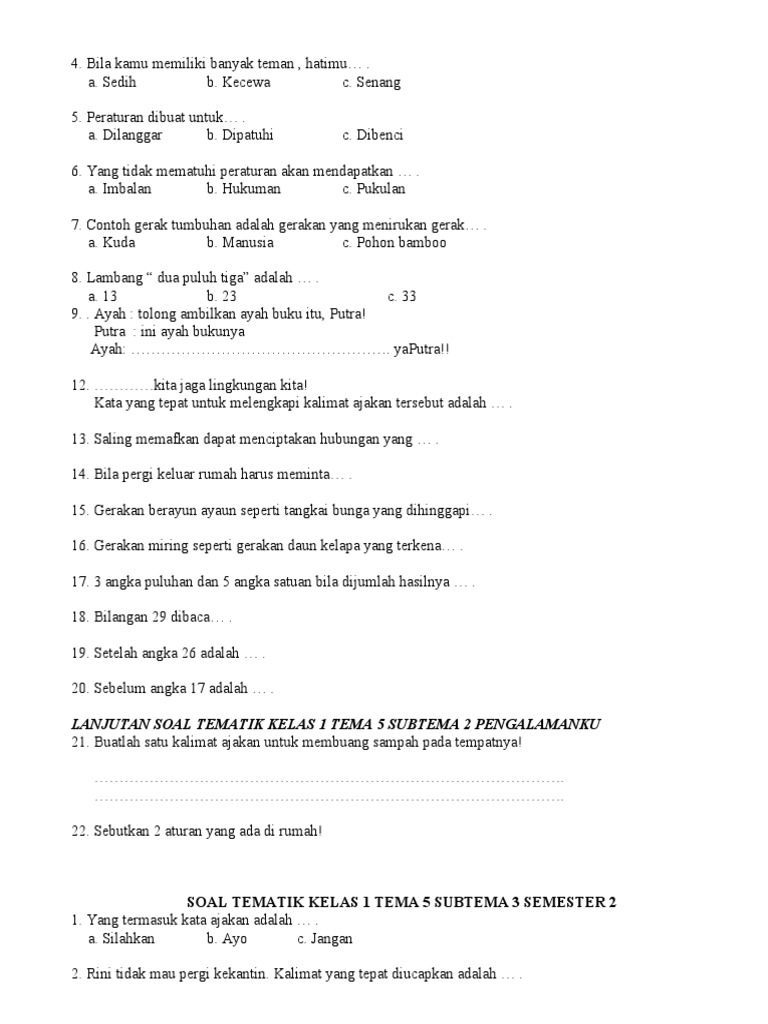 Soal Kelas 1 Tema 5 D Pdf