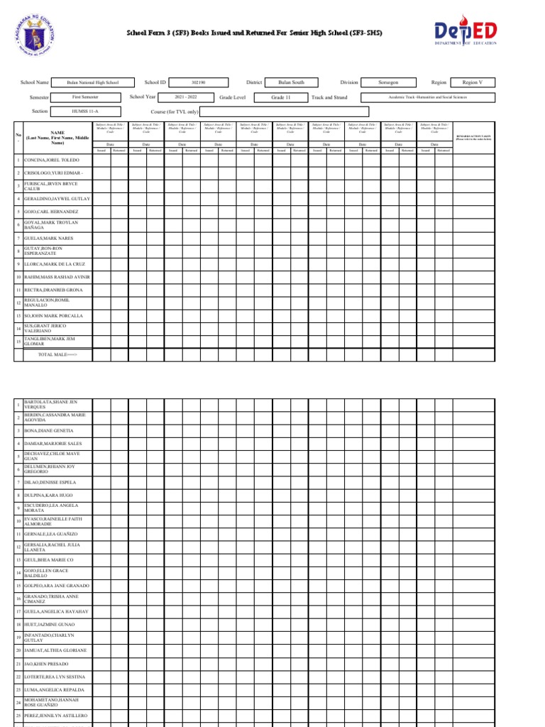 School Form 3 (SF3) Books Issued and Returned For Senior High School ...