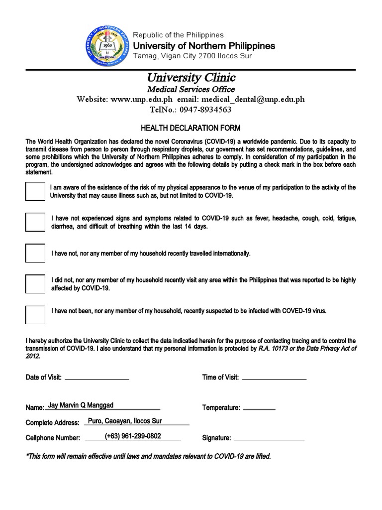 Health Declaration Form Unp | PDF | Medical Statistics | Health Sciences