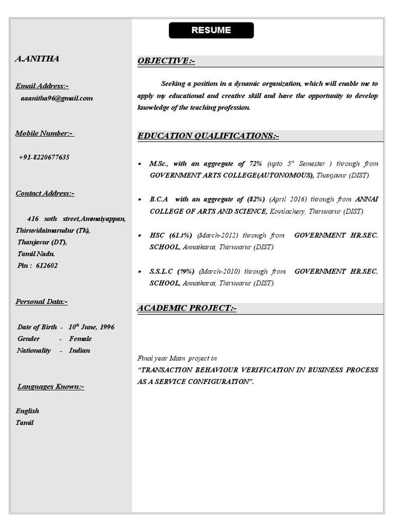 A.Anitha Objective:-: Resume | PDF