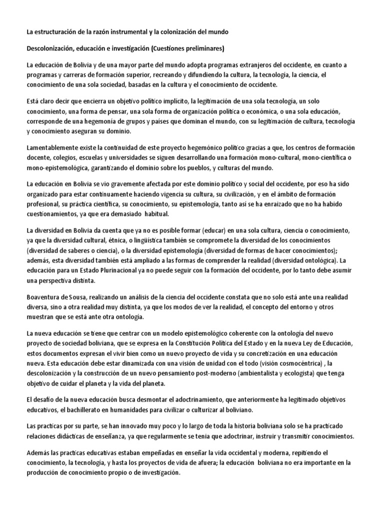 La Estructuración de La Razón Instrumental y La Colonización Del Mundo ...