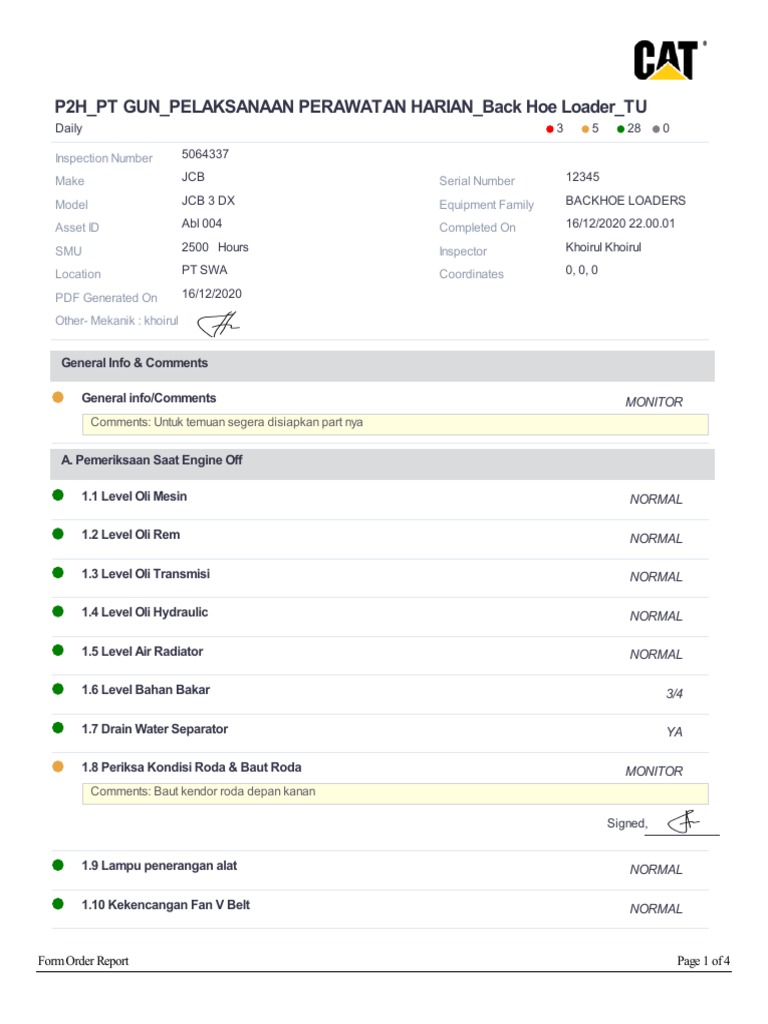 Daily Inspection Report of JCB 3 DX Backhoe Loader Asset Identified ...
