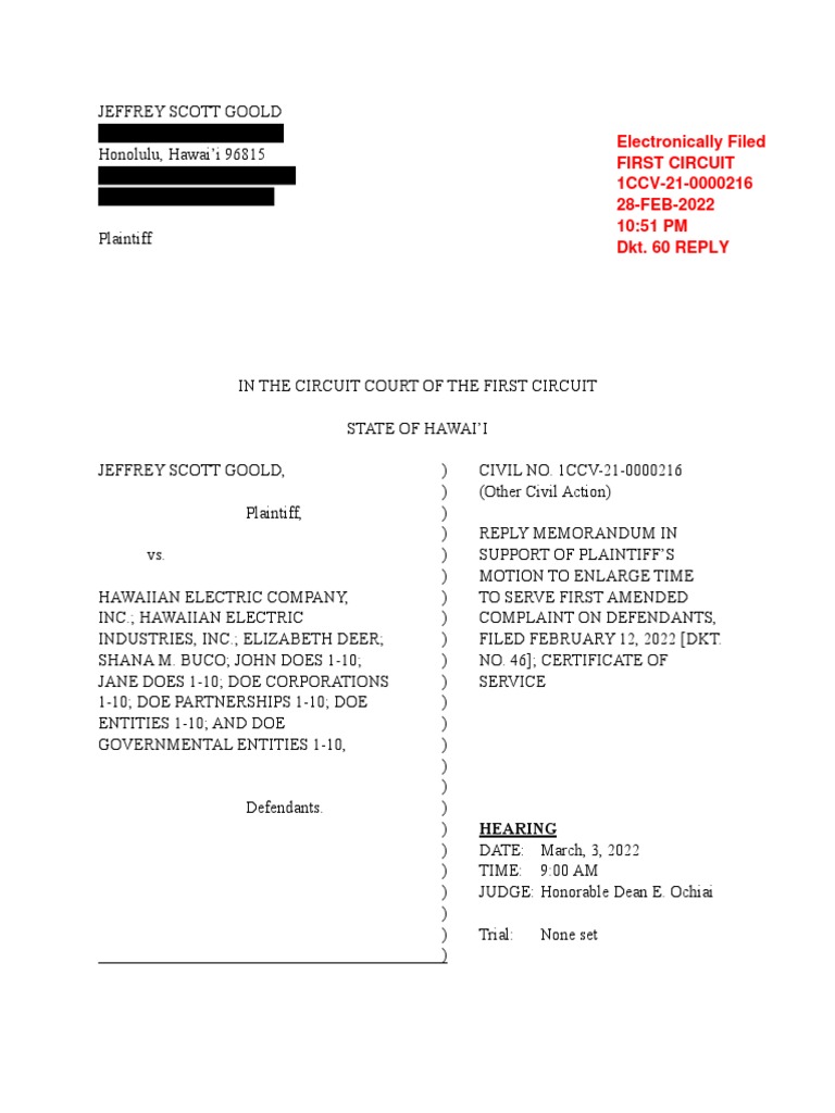 Jeffrey Scott Goold Reply To Support Motion To Enlarge Against Hawaiian ...