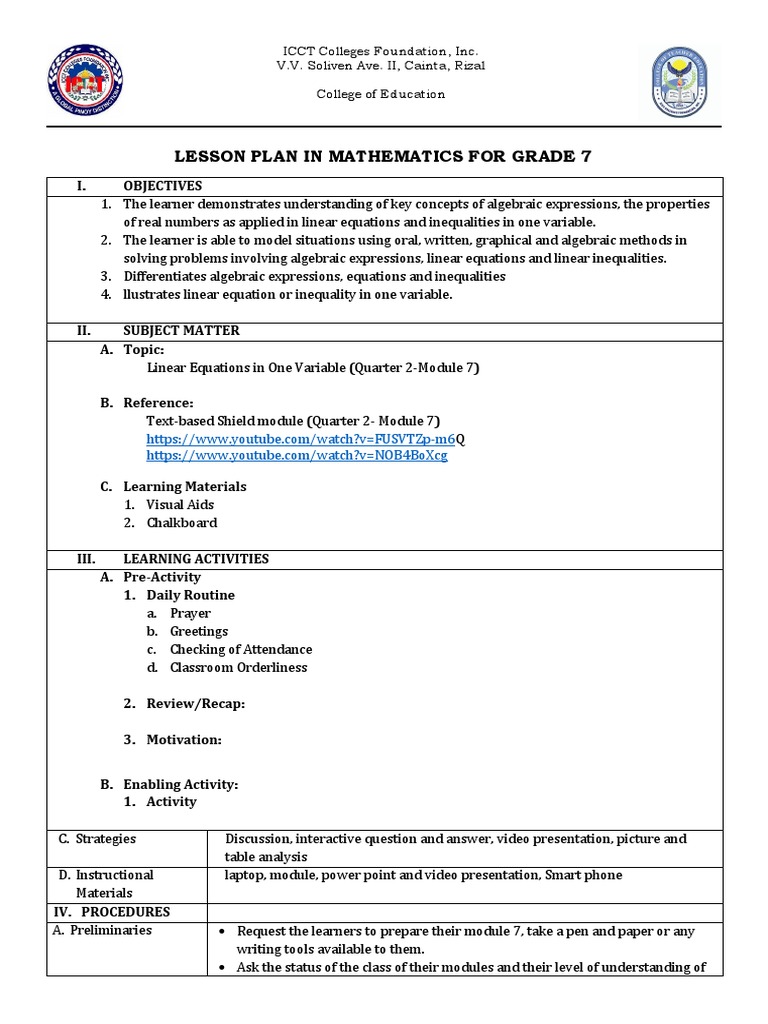 Lesson Plan in Mathematics For Grade 7: I. Objectives | PDF | Equations ...