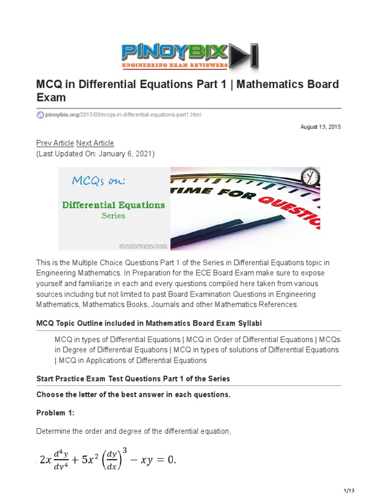 MCQ in Differential Equations Part 1 Mathematics Board Exam | PDF ...