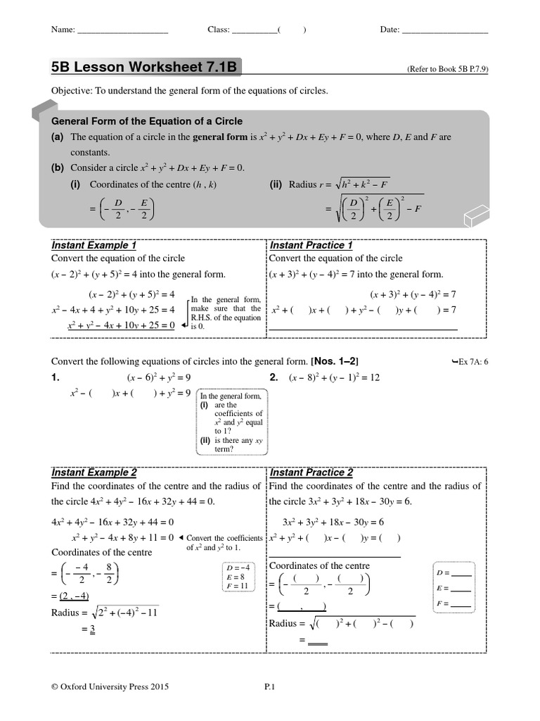 5B Lesson Worksheet 7.1B: General Form of The Equation of A Circle (A ...