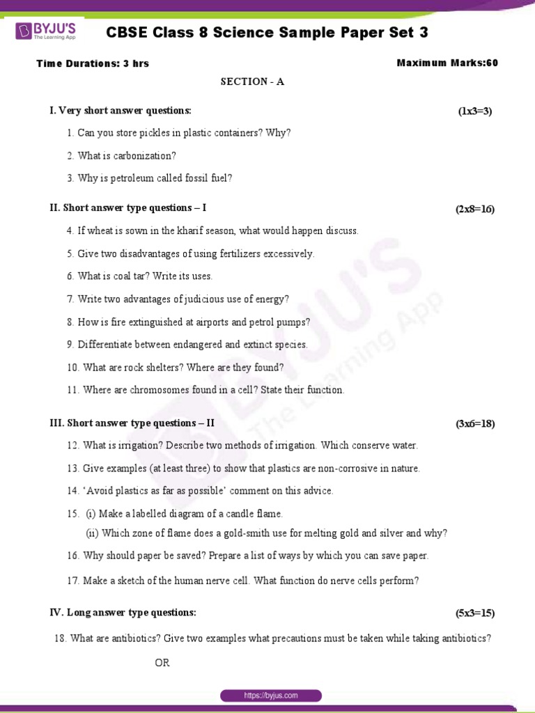 CBSE Class 8 Science Sample Paper Set 3 | PDF | Combustion | Reproduction