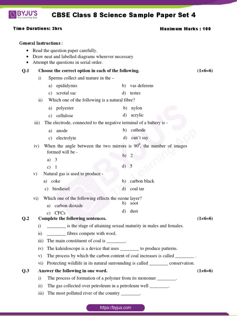 CBSE Class 8 Science Sample Paper Set 4: General Instructions | PDF ...