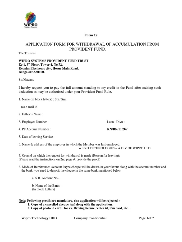 Application Form For Withdrawal of Accumulation From Provident Fund ...