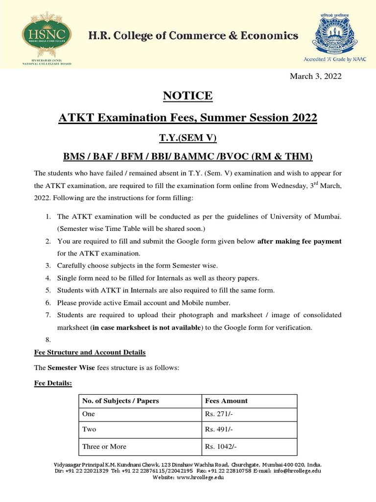 ATKT Notice For SFC Sem V | PDF | Service Industries