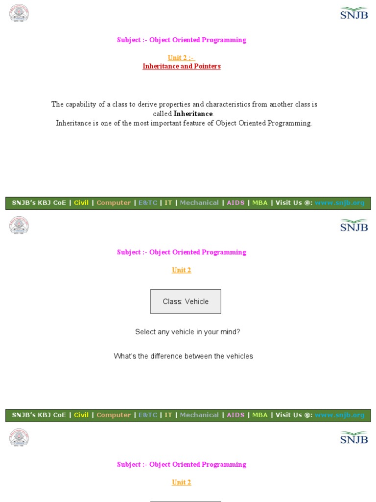 Subject Object Oriented Programming Inheritance And Pointers Pdf
