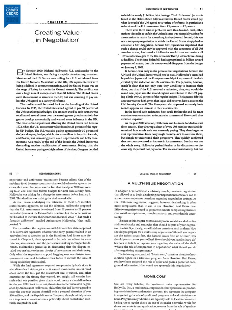 Chapter 2 - Creating Value in Negotiation. Negotiation Genius. New York ...