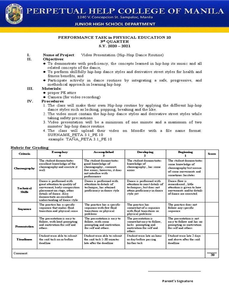 Performance Task in Physical Education 10 3 Quarter S.Y. 2020 - 2021 I ...