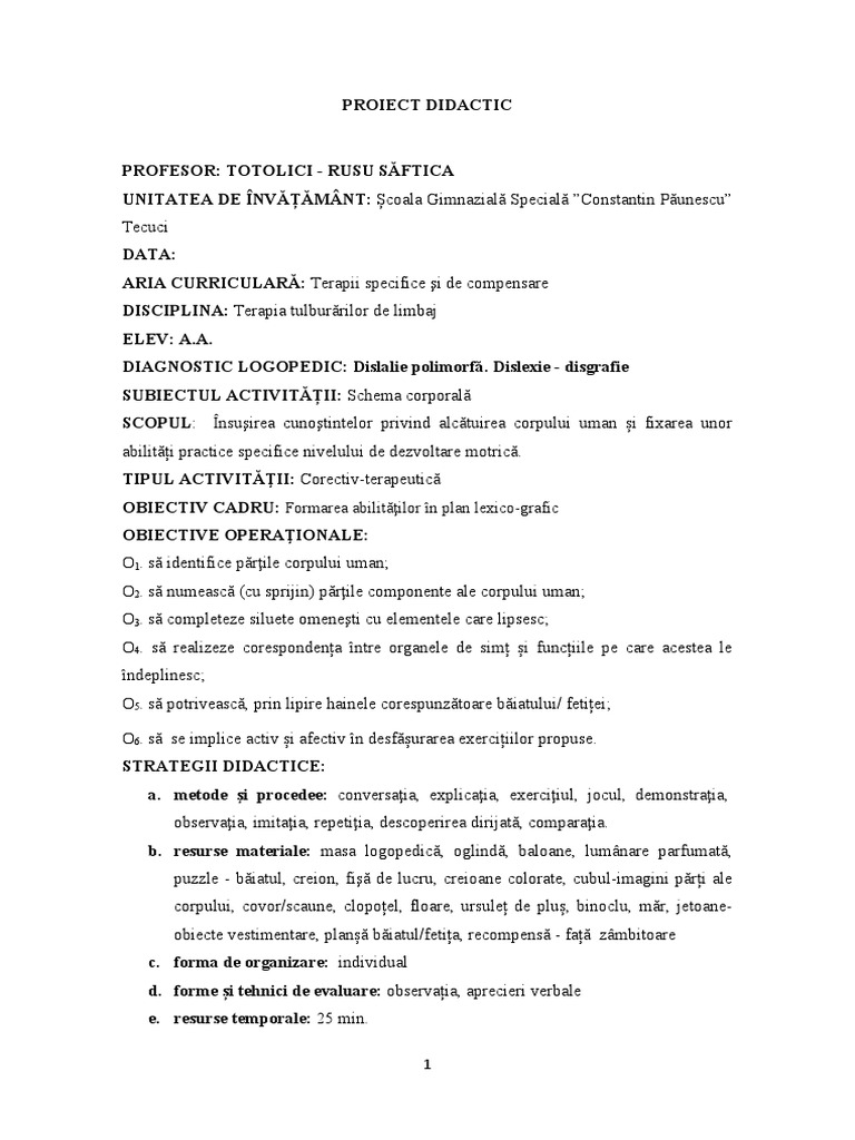 Proiect Didactic Schema Corporala | PDF