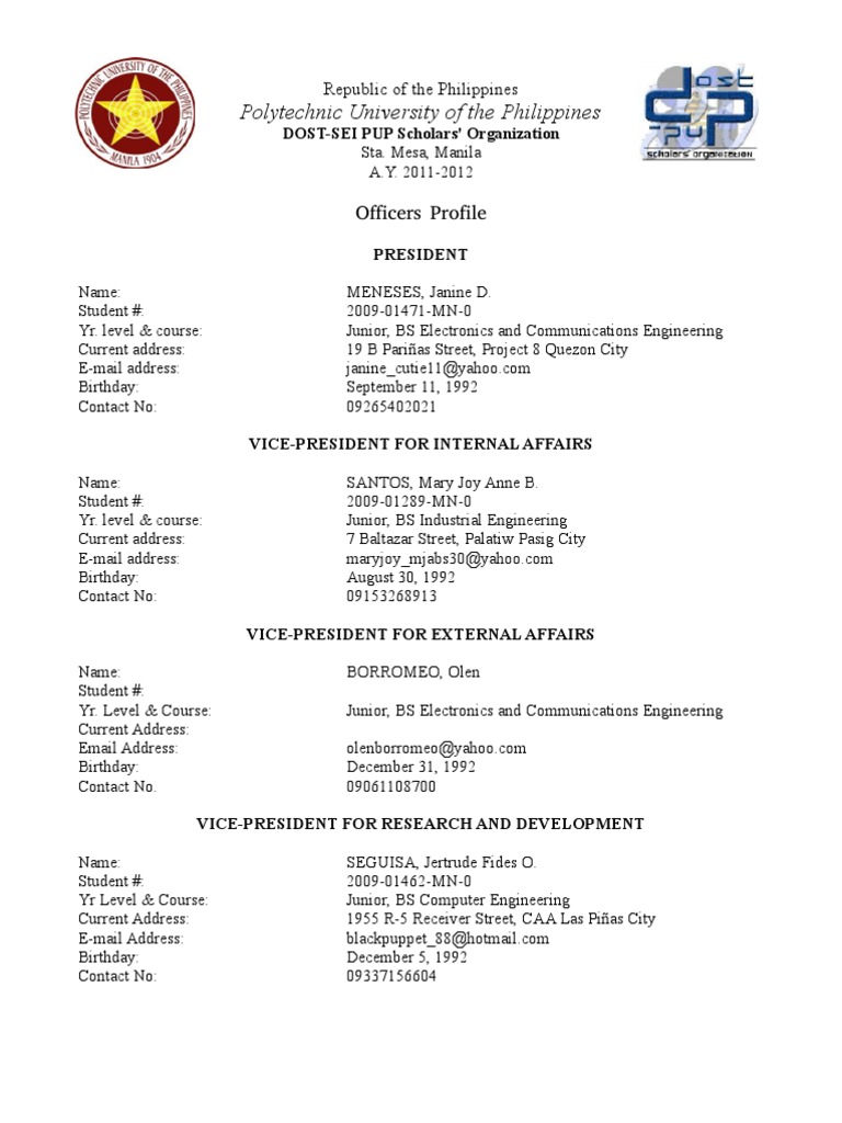 PUP Sta. Mesa Officers Profile 2011-2012 | PDF | Science And Technology ...