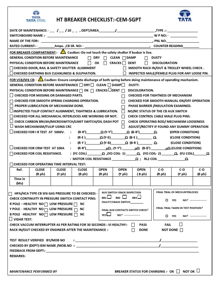 HT Breaker Checklist - Fy22 | PDF | Building Engineering | Machines