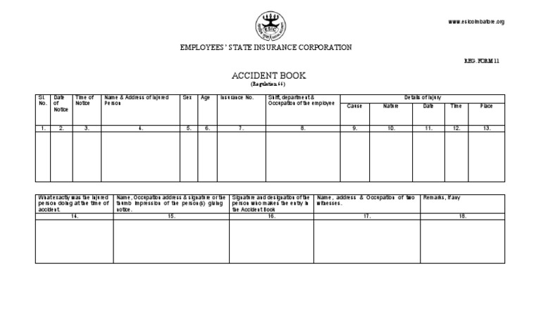 ESIC Accident Book Form 11 Template | PDF