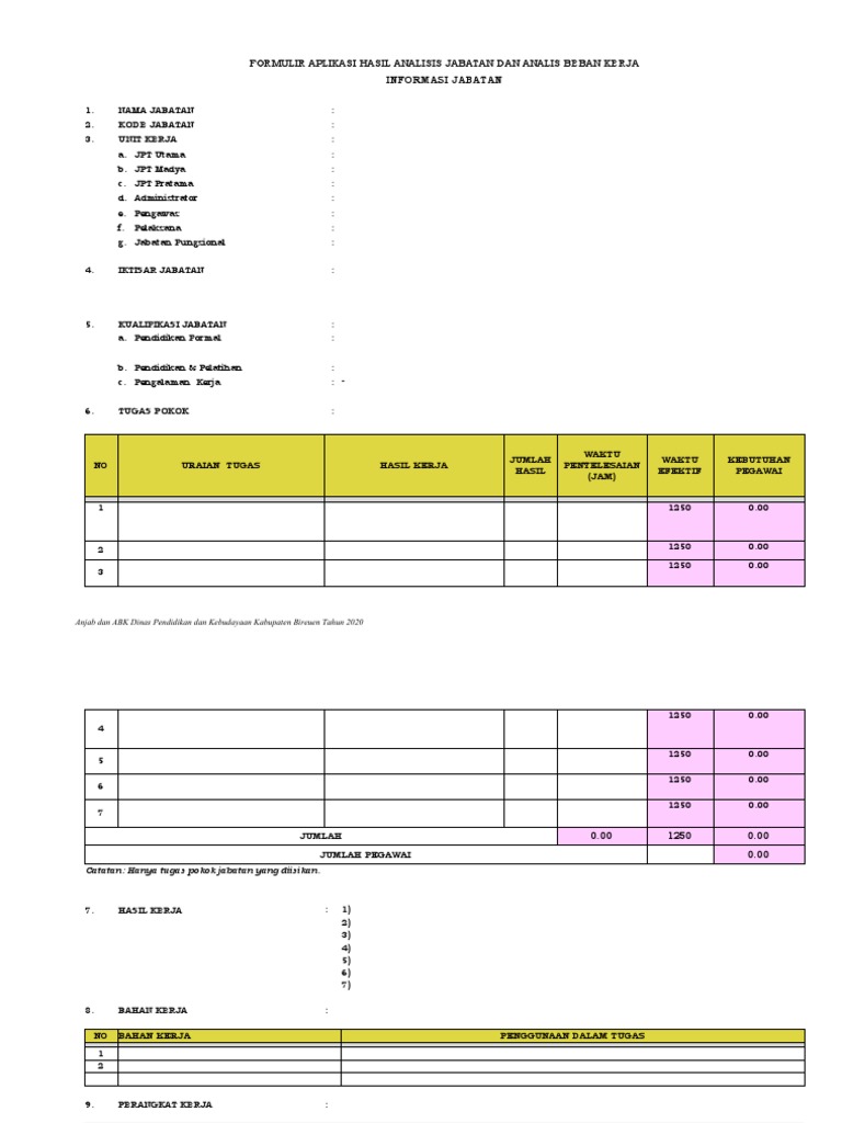 Formulir Anjab Dan Abk Pelaksana 2020 | PDF