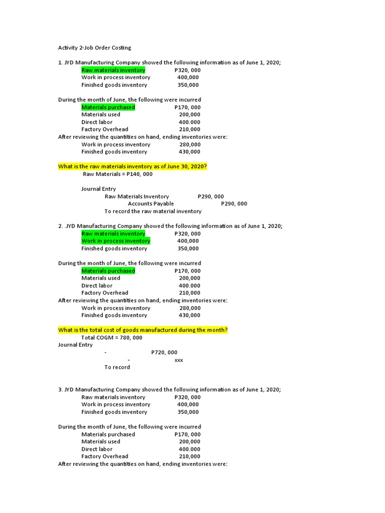 Job Order Costing Journal Entries | PDF | Inventory | Cost Of Goods Sold