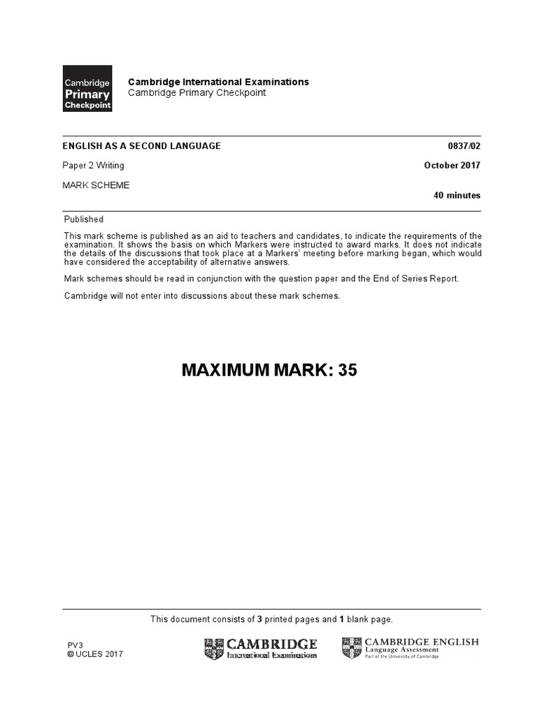 Cambridge Primary Checkpoint English As A Second Language 0837