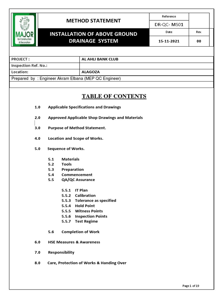 1.0 Method Statement Above Ground - Drainage System | PDF | Pipe (Fluid Conveyance) | Plumbing