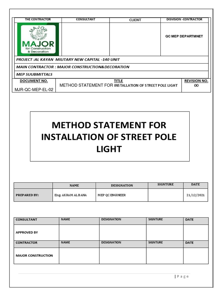 Street Pole Light Installation Method | PDF | Quality Assurance ...