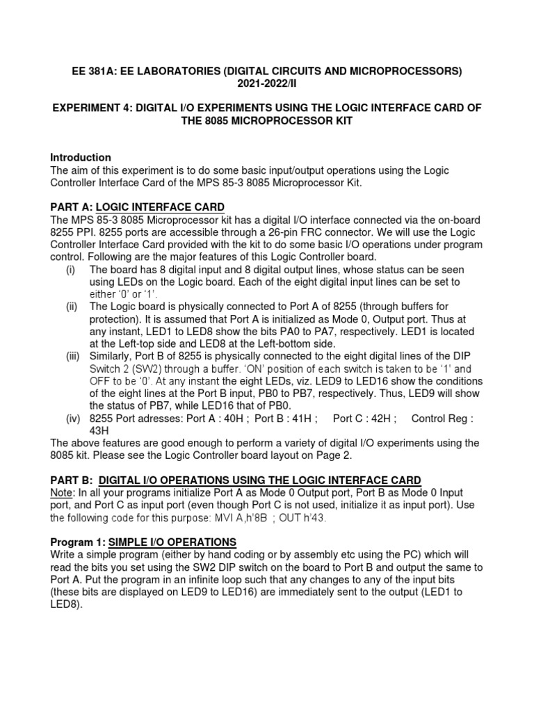 Digital I/O Experiments Using an 8085 Microprocessor Kit | PDF | Input ...