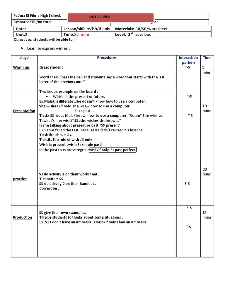 Date: Lesson/skill:Wish/If Only Materials: BB/SB/worksheet Unit:9 Time: Level: 2 | PDF ...