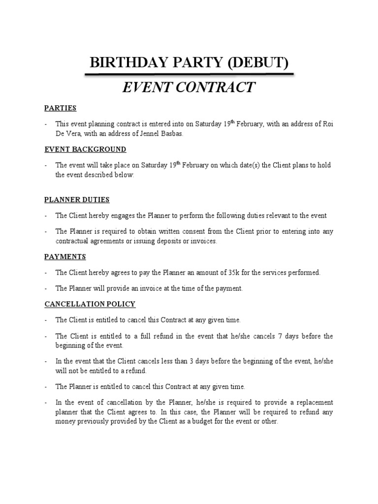 A Comprehensive Event Contract for Roi De Vera's Birthday Party and ...