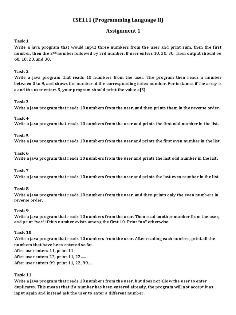 CSE111 (Programming Language II) Assignment 1: Task 1 | PDF | Java (Programming Language ...