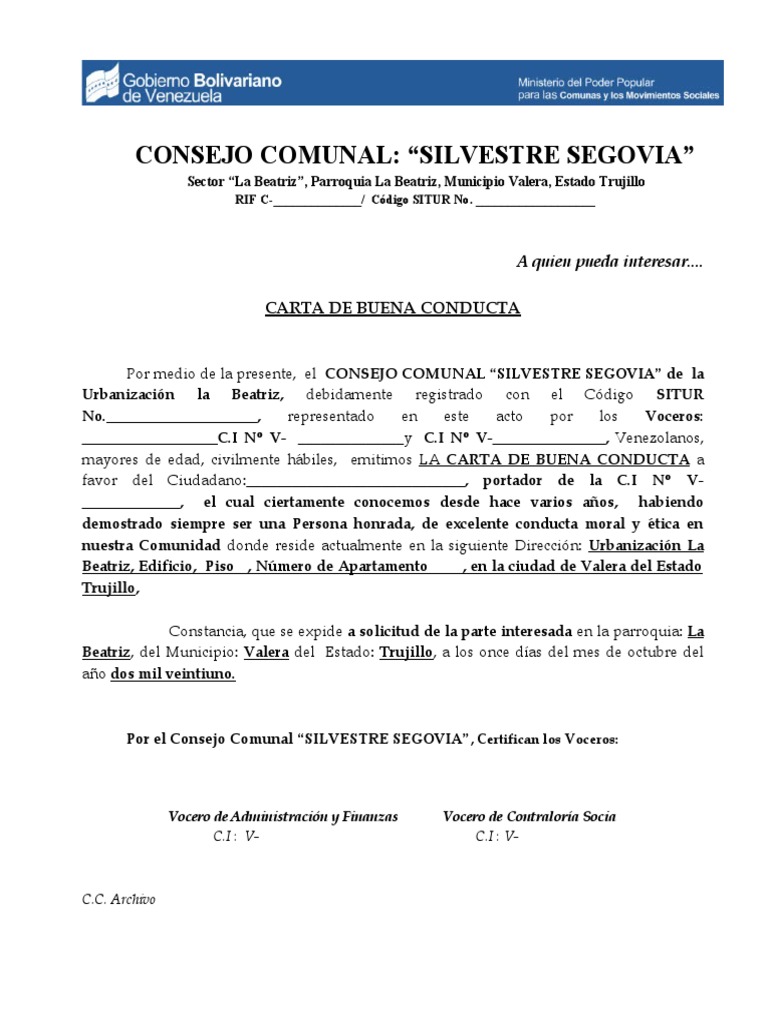 11 10 21 Modelos de Cartas Del CONSEJO COMUNAL de Los Bloques 44 y 45 | PDF