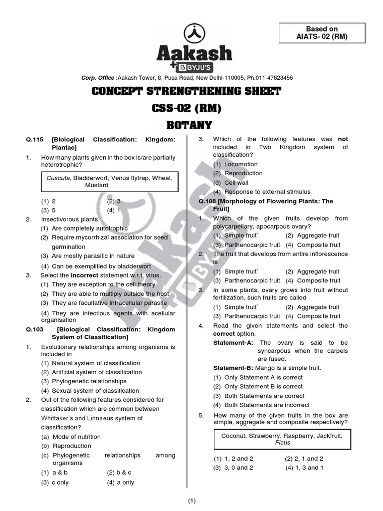 Concept Strengthening Sheet (CSS-02) - RM - Botany | PDF | Fruit | Taxonomy (Biology)