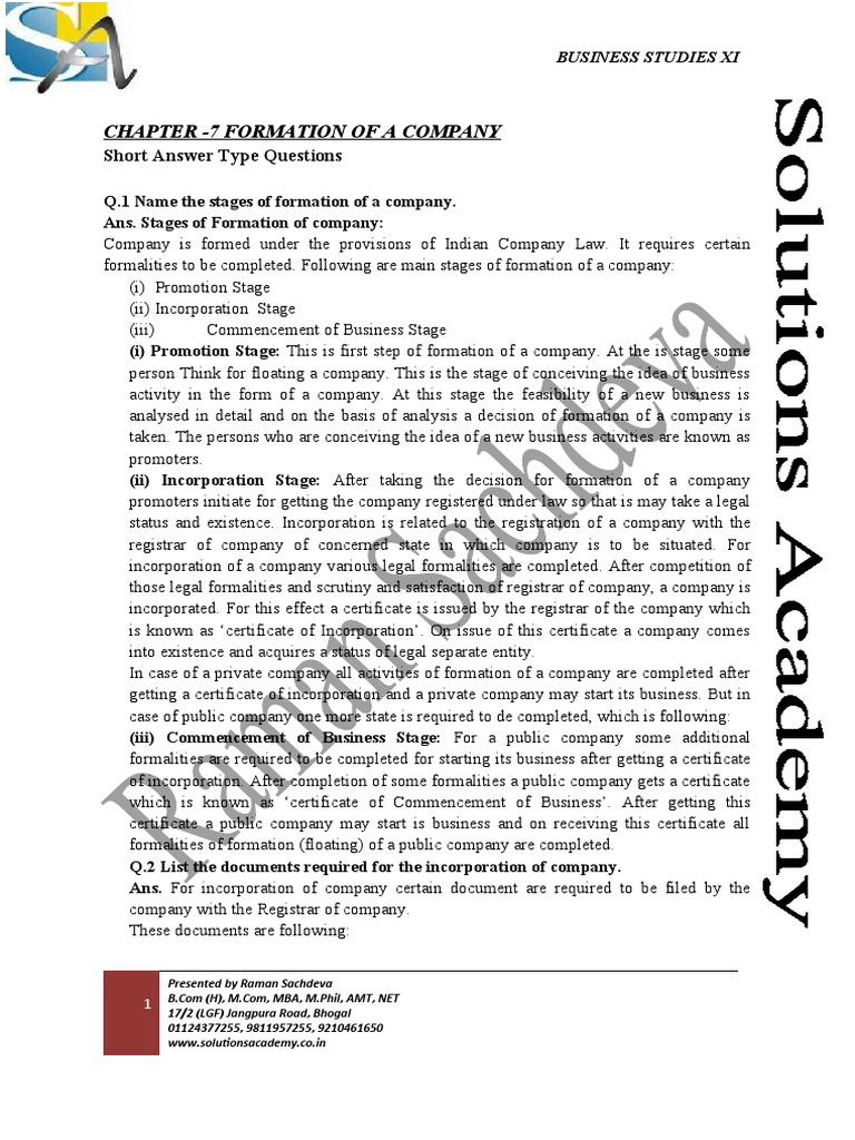 CH 7 Formation of A Company Class 11 BST | PDF | Prospectus (Finance ...