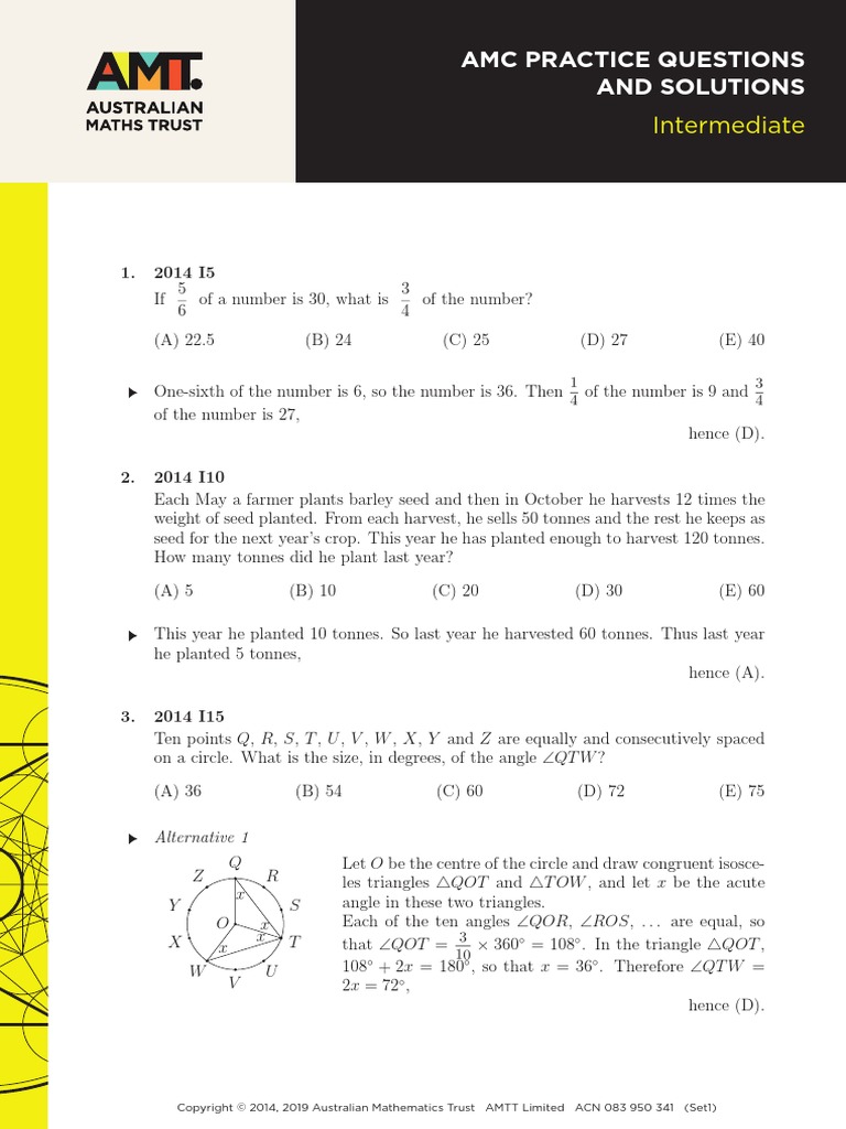 AMC Practice Problems Solutions Set1 INT | PDF | Area | Dice